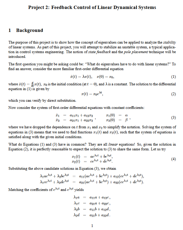 Solved Project 2: Feedback Control of Linear Dynamical | Chegg.com