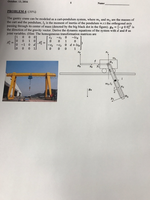 The gantry crane can be modeled as a cart-pendulum | Chegg.com
