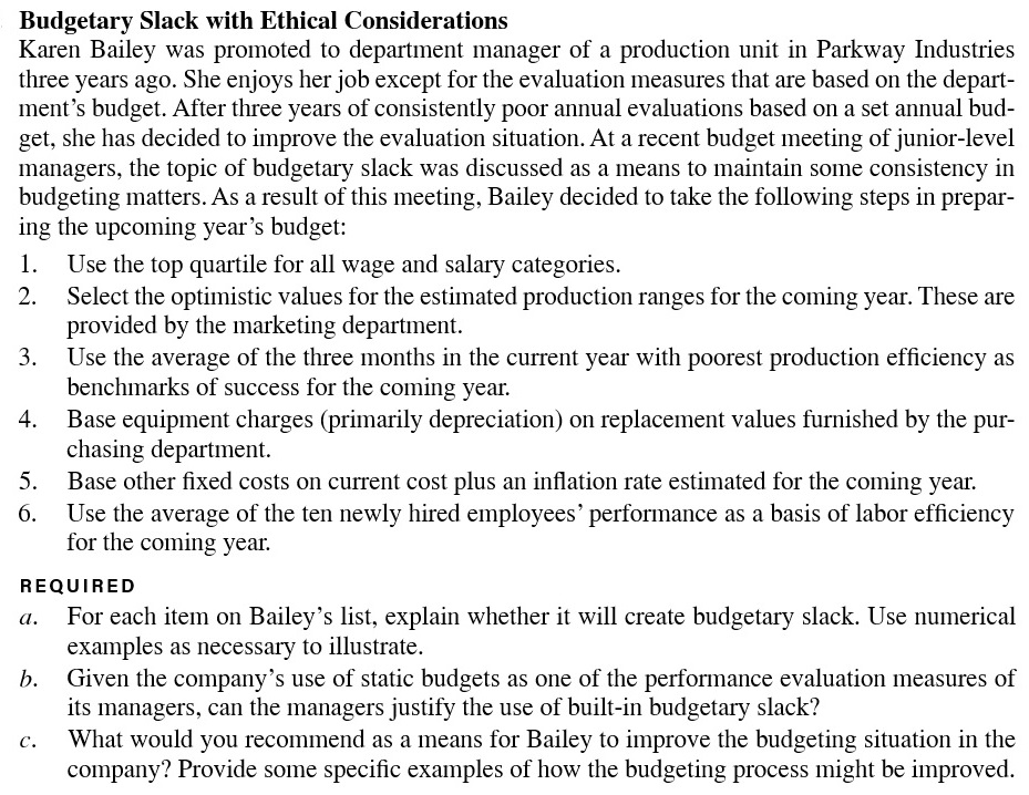 Solved Budgetary Slack with Ethical Considerations Karen | Chegg.com