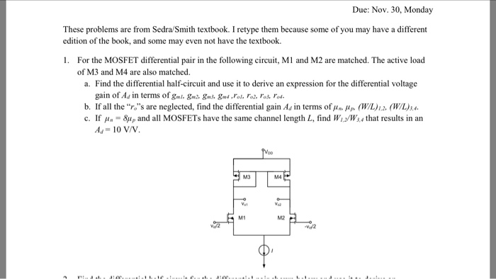 For the MOSFET differential pair in the following | Chegg.com