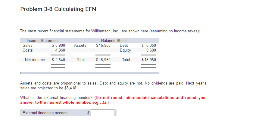 Solved Problem 3-8 Calculating EFN The most recent financial | Chegg.com
