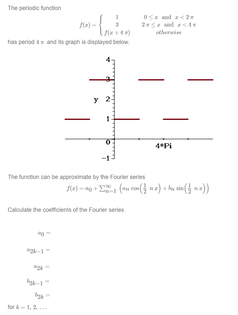 Solved The periodic function f(x) = {1 3 f(x + 4 pi) 0 | Chegg.com