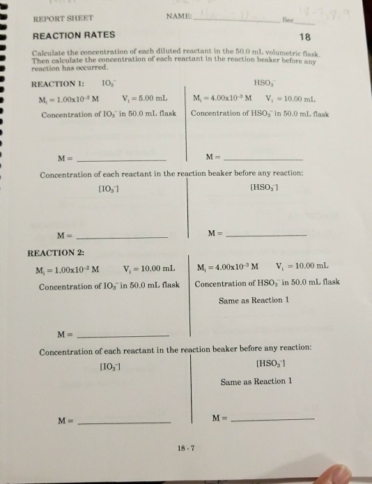 Solved NAME: REPORT SHEET See REACTION RATES 18 Caleulate | Chegg.com