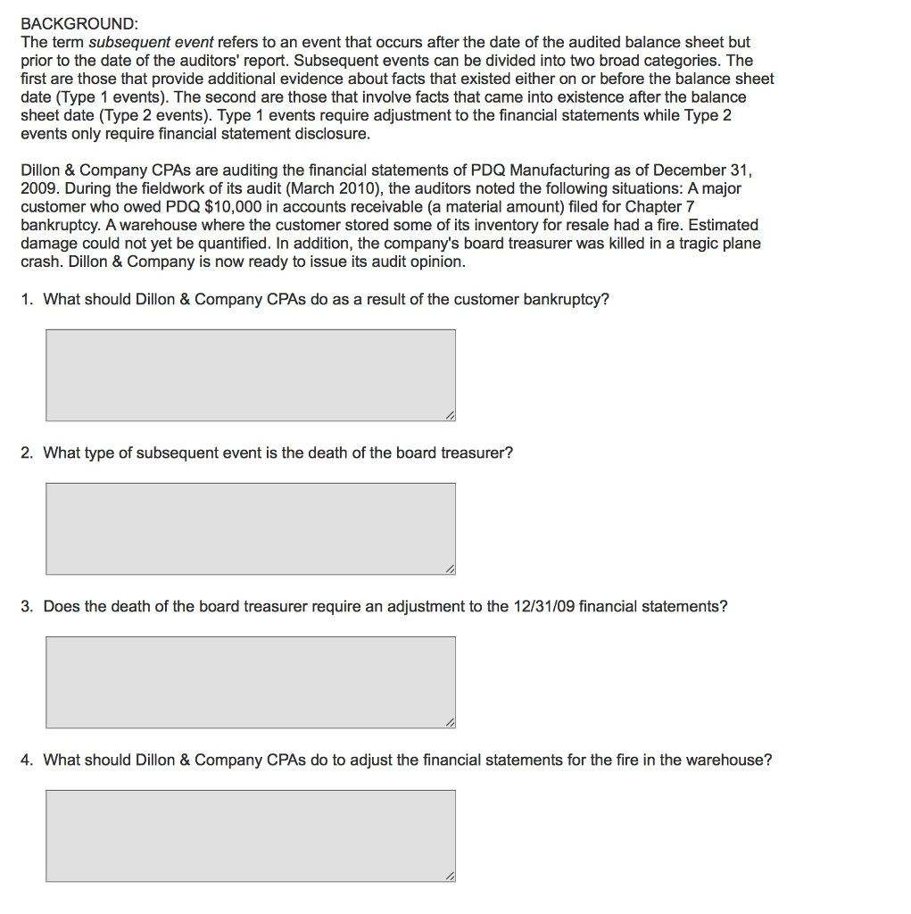 Solved BACKGROUND The term subsequent event refers to an | Chegg.com