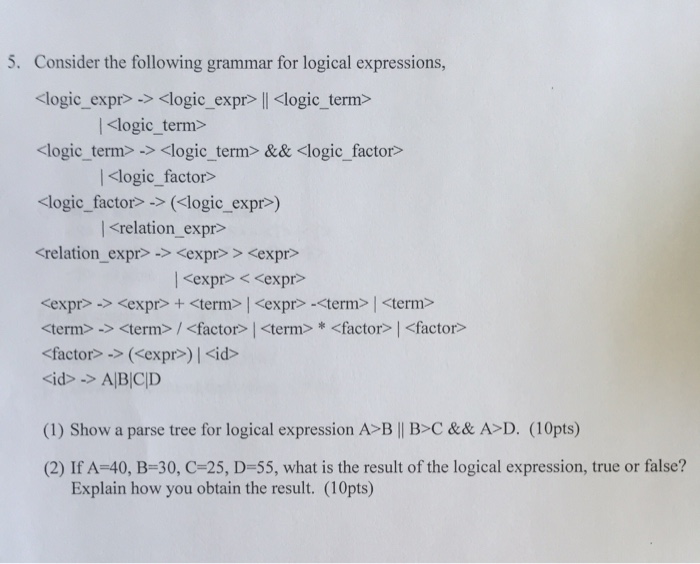 Solved 5. Consider the following grammar for logical | Chegg.com