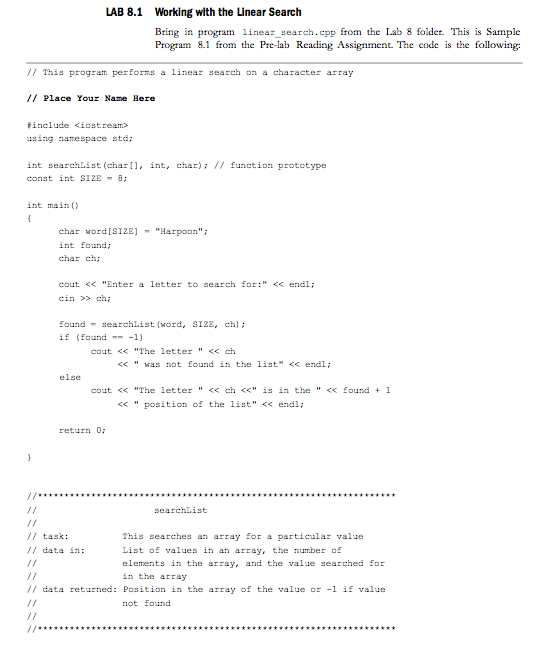 Solved LAB 8.1 Working with the Linear Search Bring in | Chegg.com