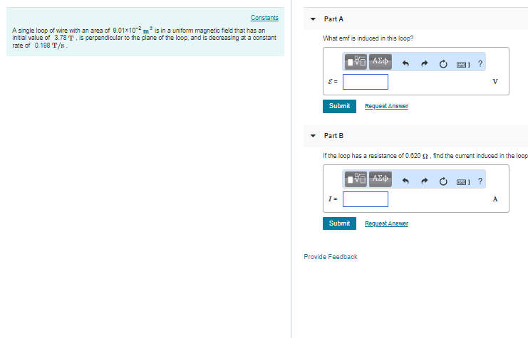 Solved Constants Part A A single loop of wire with an area | Chegg.com