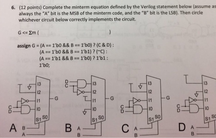 Solved Complete the minterm equation defined by the Verilog | Chegg.com