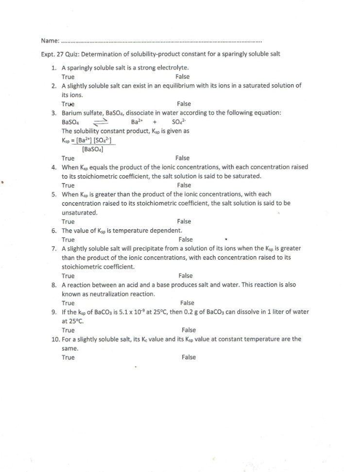 Solved: Name: Expt. 27 Quiz: Determination Of Solubility-p... | Chegg.com