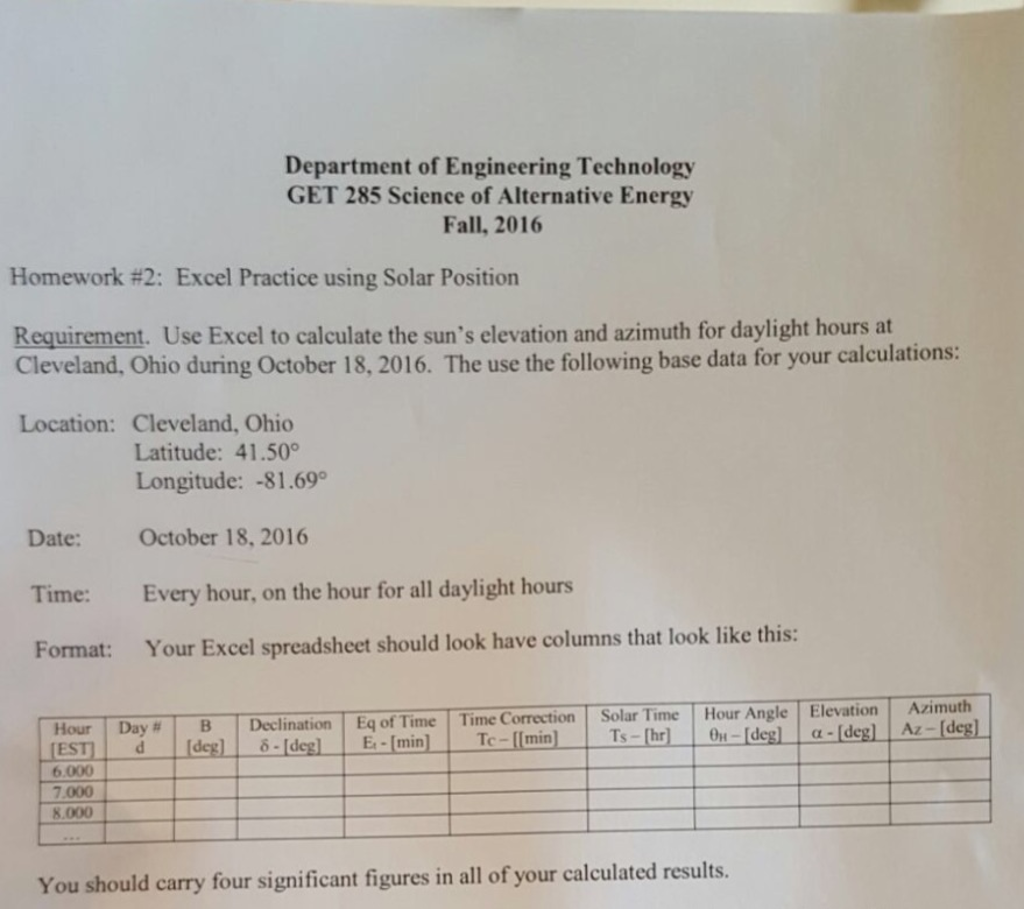 Use Excel to calculate the sun's elevation and | Chegg.com