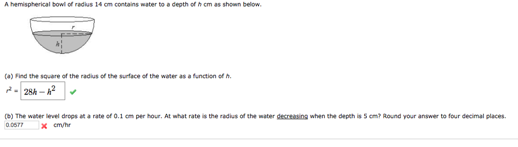 Solved A hemispherical bowl of radius 14 cm contains water | Chegg.com