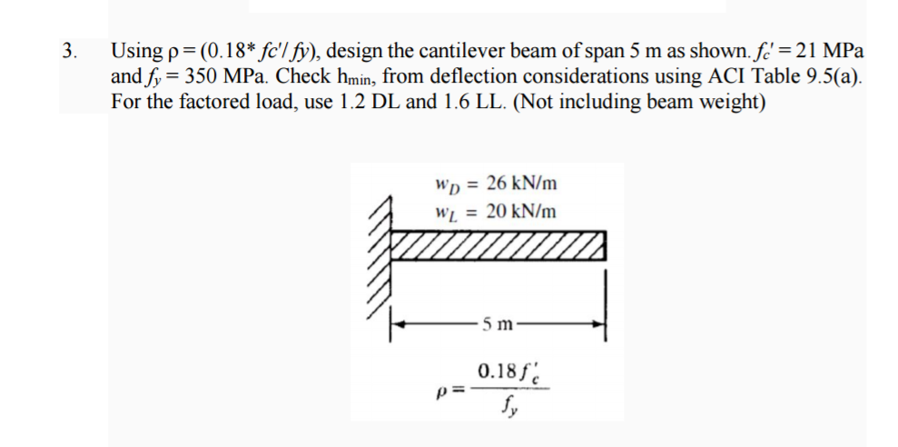 Using rho = (0.18 * fc'/fy), design the cantilever | Chegg.com