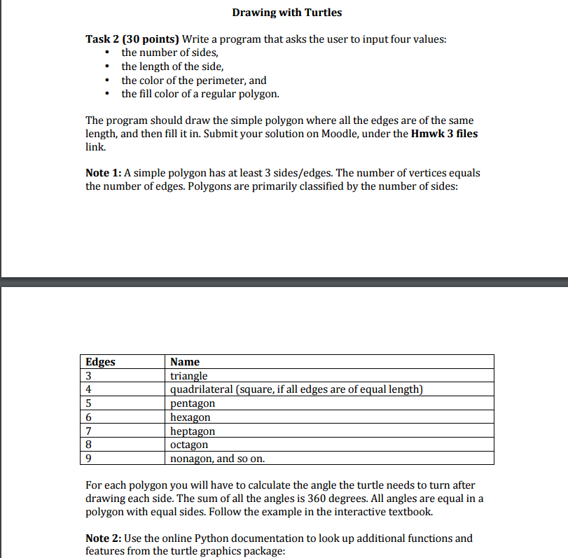 Solved Drawing with Turtles Task 2 (30 points) Write a | Chegg.com