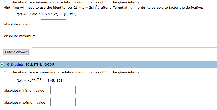 Solved Find the absolute minimum and absolute maximum values | Chegg.com