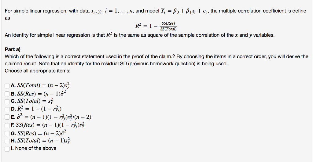 Solved For simple linear regression, with data x_i, y_i, i = | Chegg.com