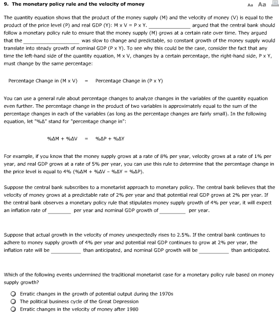 The monetary policy rule and the velocity of money | Chegg.com