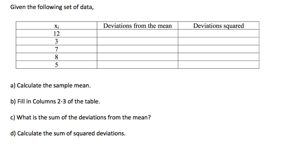 Solved Given the following set of data, Deviations from the | Chegg.com
