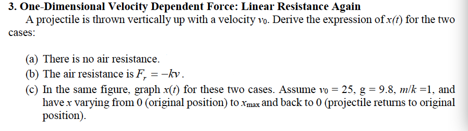 Solved 3. One-Dimensional Velocity Dependent Force: Linear | Chegg.com