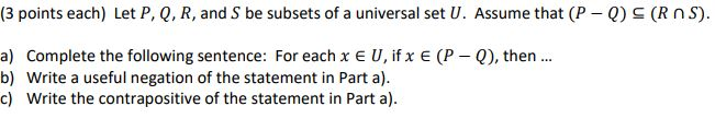 Solved (3 points each) Let P, Q, R, and S be subsets of a | Chegg.com