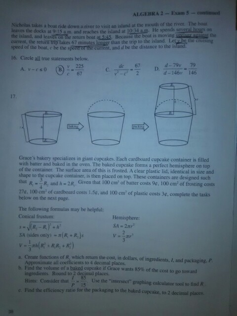ALGEBRA 2-Exam 5-contin takes a boat ride down a | Chegg.com