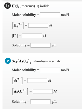 Solved Hgl_2, mercury(II) iodide Molar solubility = mol/L | Chegg.com
