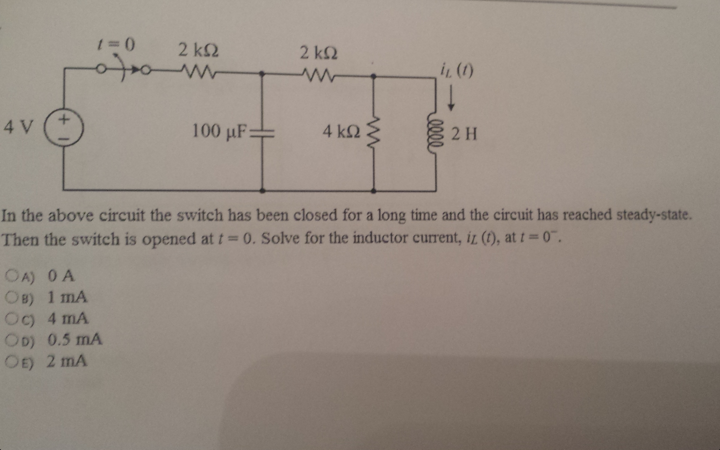Solved The switch in the above circuit has been closed for a | Chegg.com