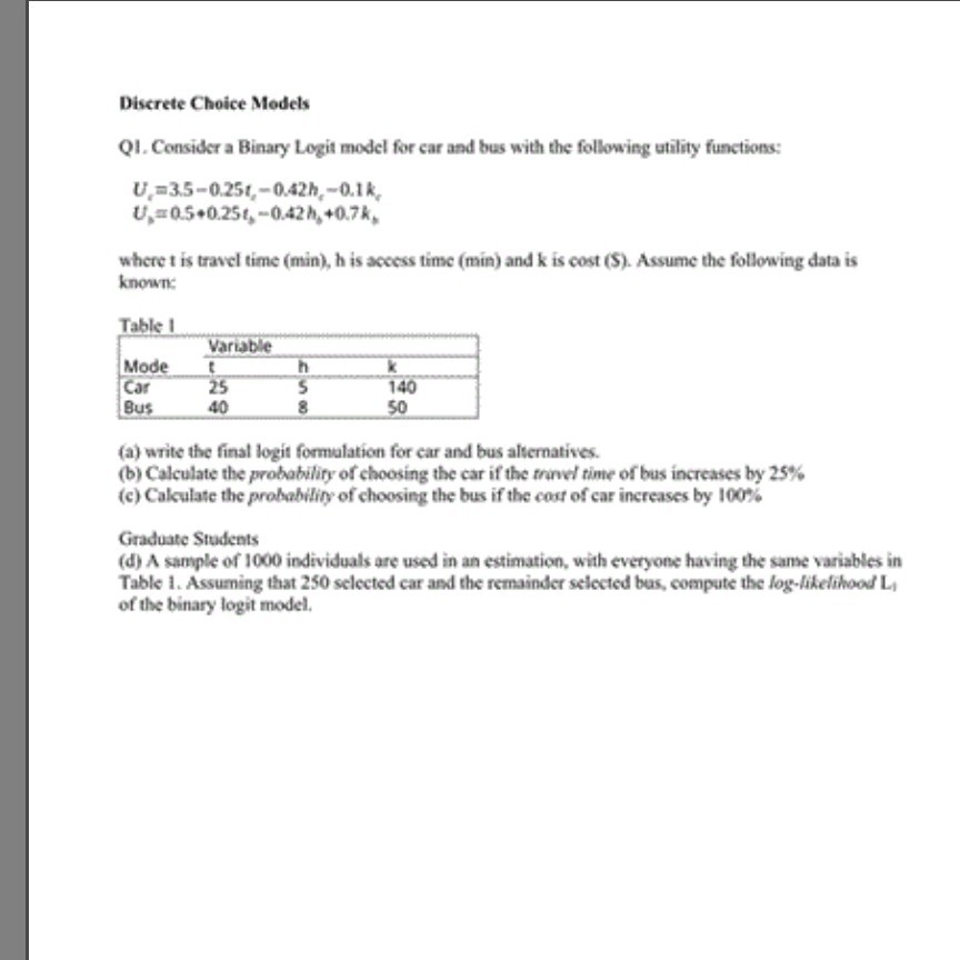 Discrete Choice Models Q1. Consider a Binary Logit | Chegg.com