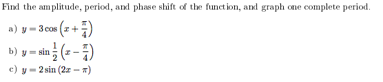 Solved Find the amplitude, period, and phase shift of the | Chegg.com