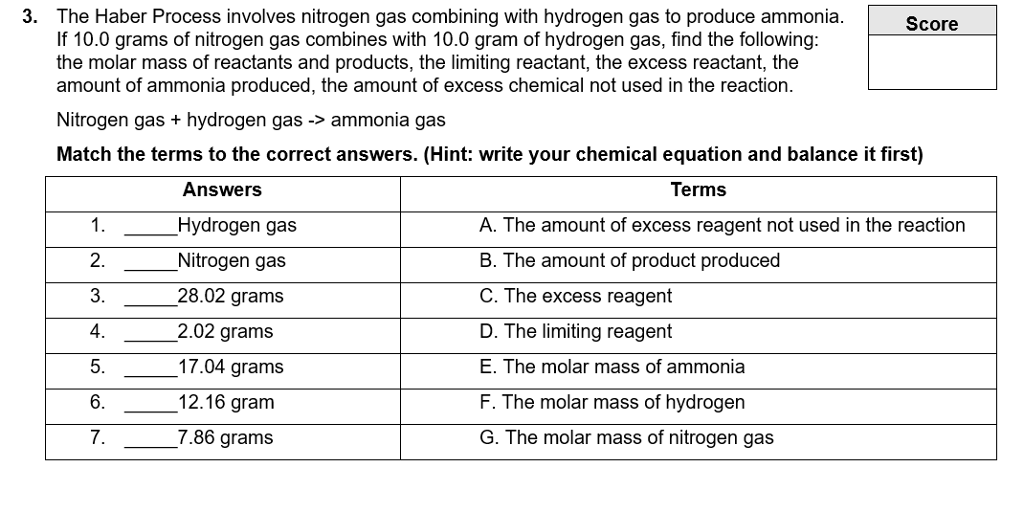 Solved 3. The Haber Process involves nitrogen gas combining | Chegg.com