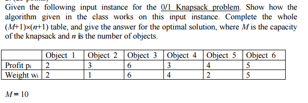 Solved Given the following input instance for the 0/1 | Chegg.com