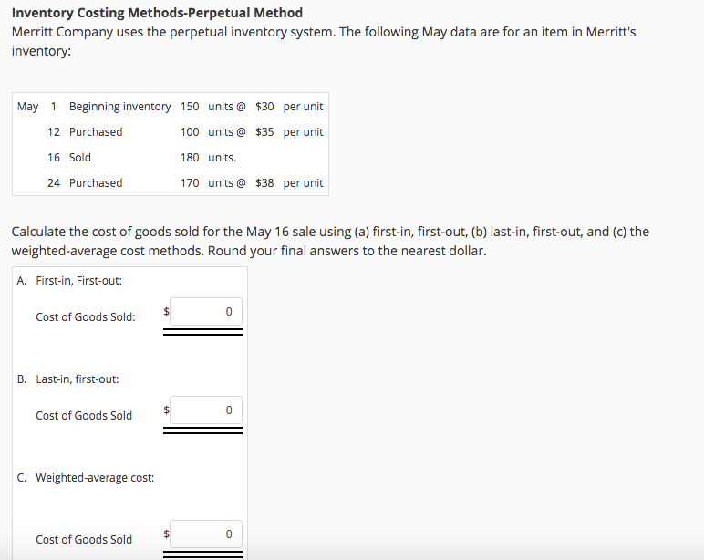 Solved Inventory Costing Methods-Perpetual Method Merritt | Chegg.com