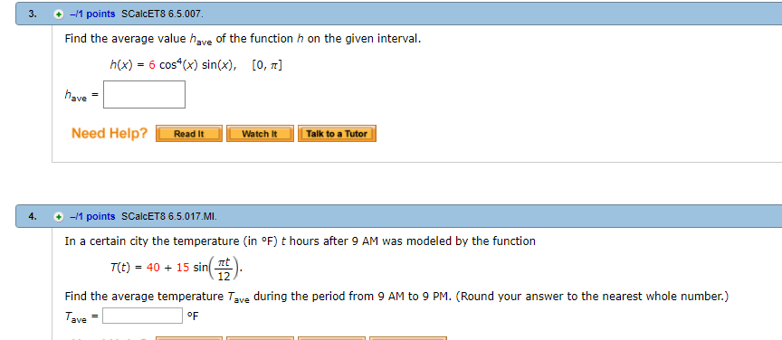 Solved 3. 1 points SCalcET8 6.5.007 Find the average value | Chegg.com Solved 3. 1 points SCalcET8 6.5.007 Find the average value | Chegg.com