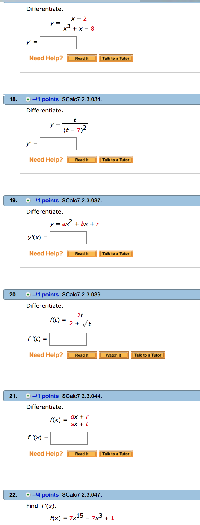 Solved Differentiate. y = x + 2/x^3 + x - 8 y' = | Chegg.com