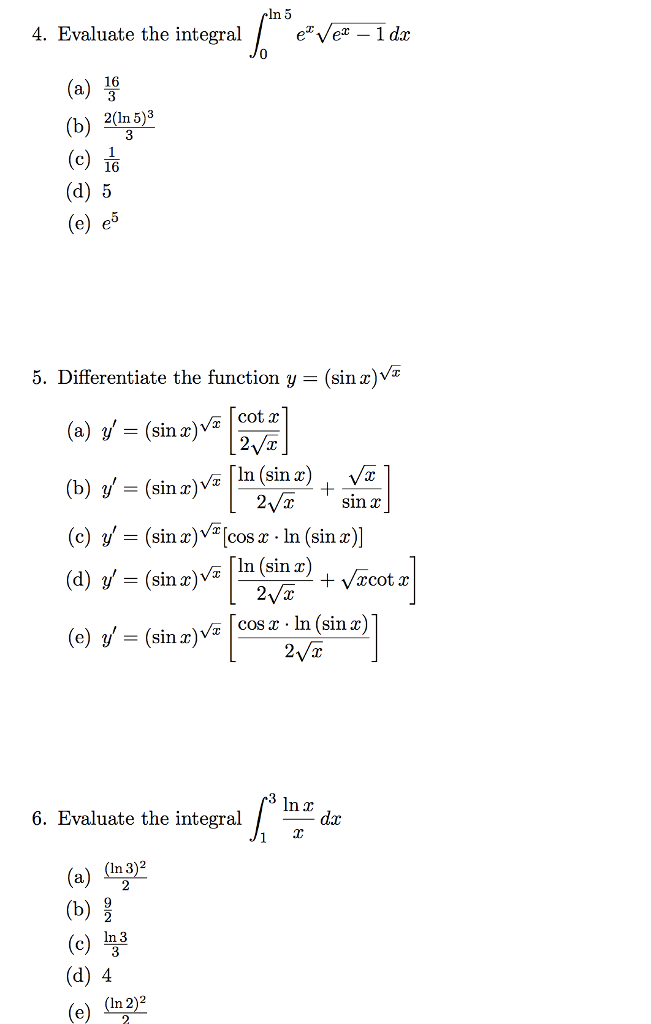 Solved In 5 4. Evaluate the integrale"Ve" - 1 dx 0 (b) 21n53 | Chegg.com