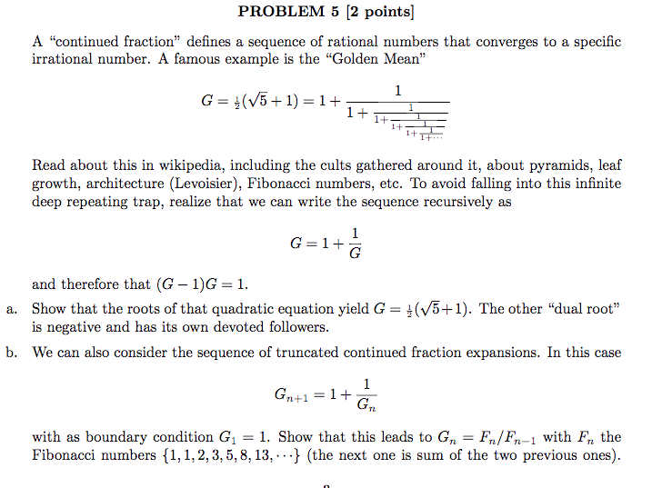 Solved PROBLEM 5 [2 points] A "continued fraction" defines a | Chegg.com