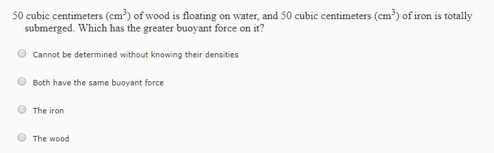Solved 50 cubic centimeters (cm3 of wood is floating on | Chegg.com