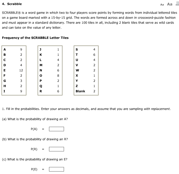 Solved 4. Scrabble Aa Aa SCRABBLE R is a word game in which | Chegg.com