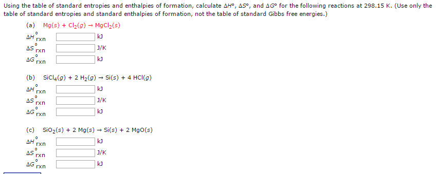 Solved Using the table of standard entropies and enthalpies | Chegg.com