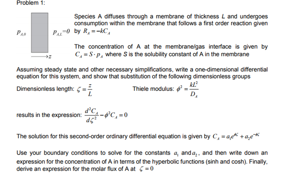 Solved Problem 1 Species A diffuses through a membrane of | Chegg.com