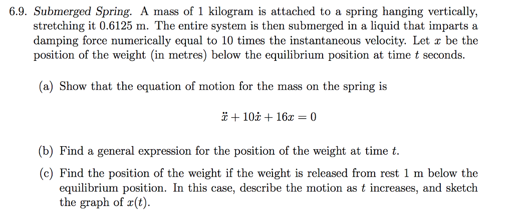Solved 6.9. Submerged Spring. A mass of 1 kilogram is | Chegg.com