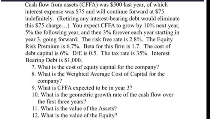 Solved Cash flow from assets (CFFA) was $500 last year, of | Chegg.com