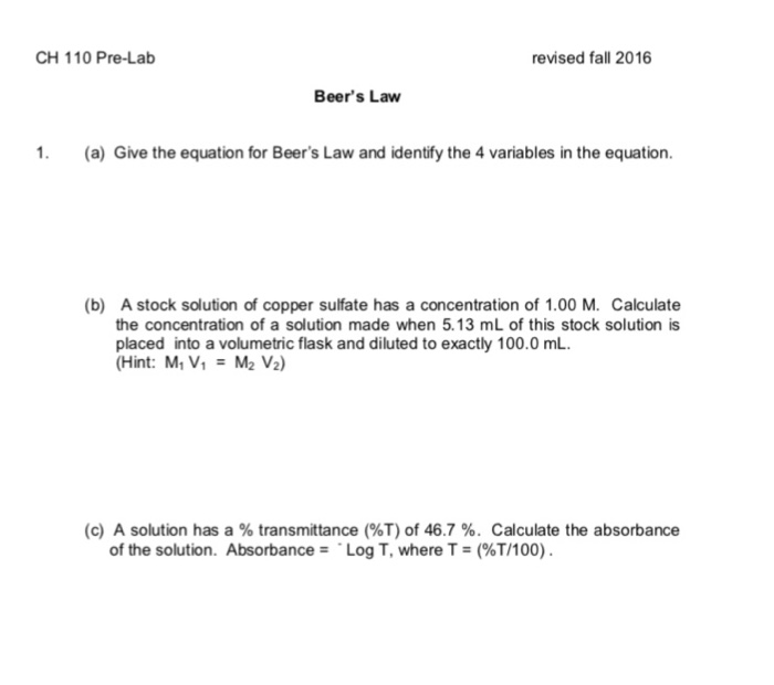 Solved Give the equation for Beer's Law and identify the 4 | Chegg.com