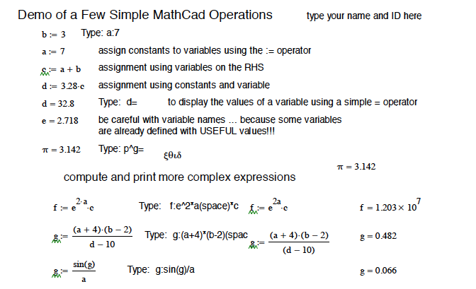 Demo of a Few Simple MathCad Operations type your | Chegg.com