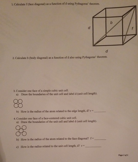 Solved 1. Calculate f (face diagonal) as a function of d | Chegg.com