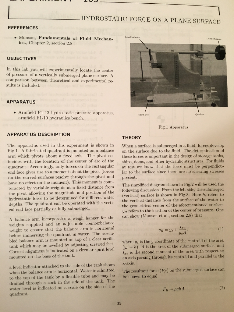 Solved EXPERIMENT 103 HYDROSTATIC FORCE ON A PLANE SURFACE - | Chegg.com