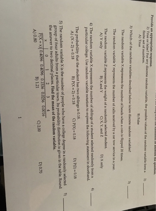 Solved True or false? For any discrete random variable, the | Chegg.com