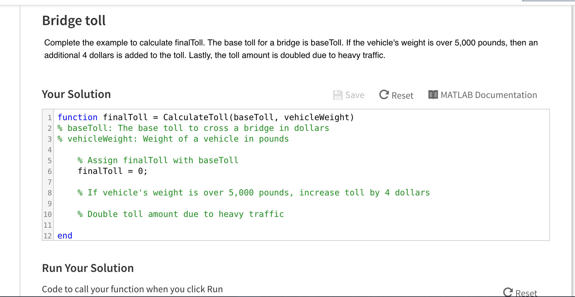 Solved Complete the example to calculate finalToll. The base | Chegg.com