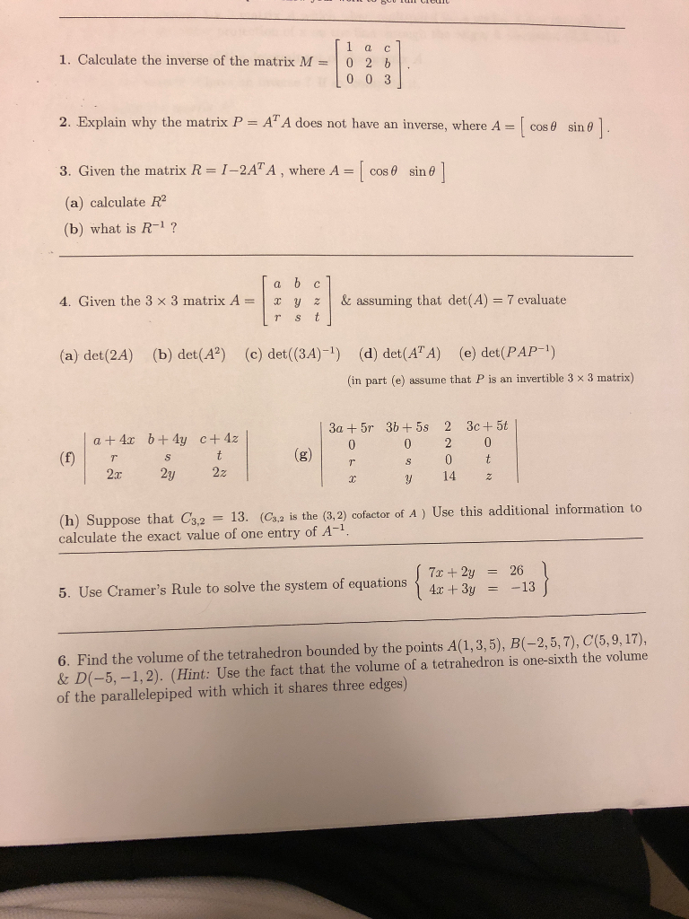 Solved 1. Calculate the inverse of the matrix M0 2 b 0 0 3 2 | Chegg.com