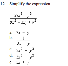 Solved Simplify the expression. 27x^3 + y^3/9x^2 - 3xy + | Chegg.com