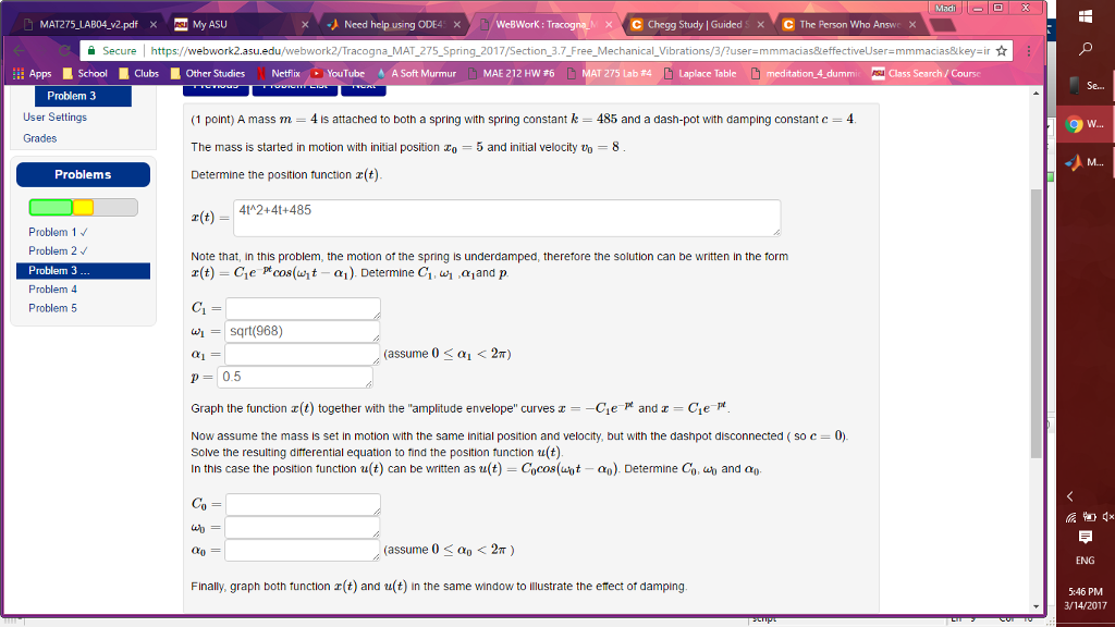 Solved A mass m = 4 is attached to both a spring with spring | Chegg.com